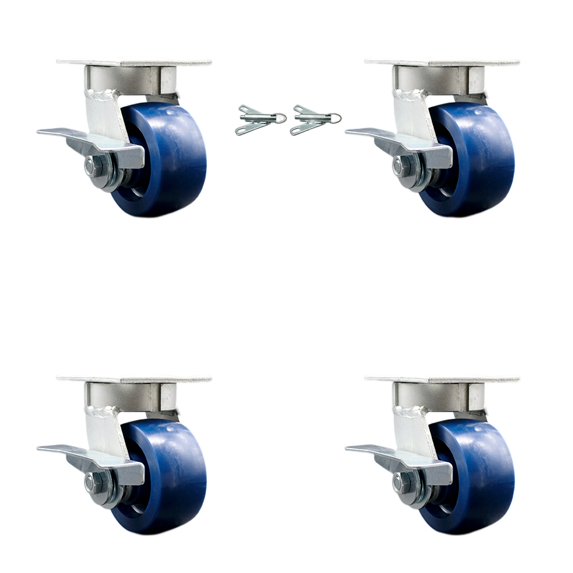 4 Inch KP Solid Poly Caster Set with Ball Bearings 4 Brakes 2 Swivel ...