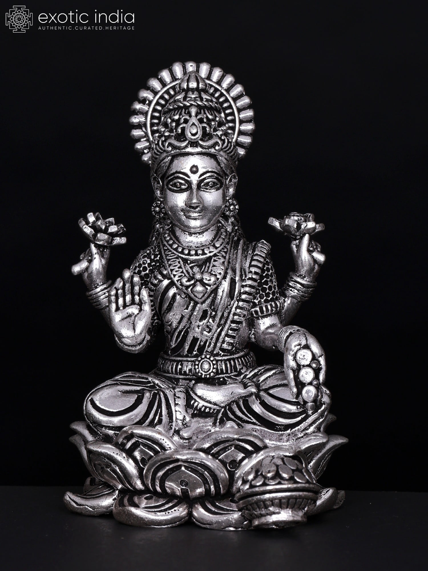 4 Inch Kamalasini Blessing Goddess Lakshmi Silver-Plated Brass Statue ...