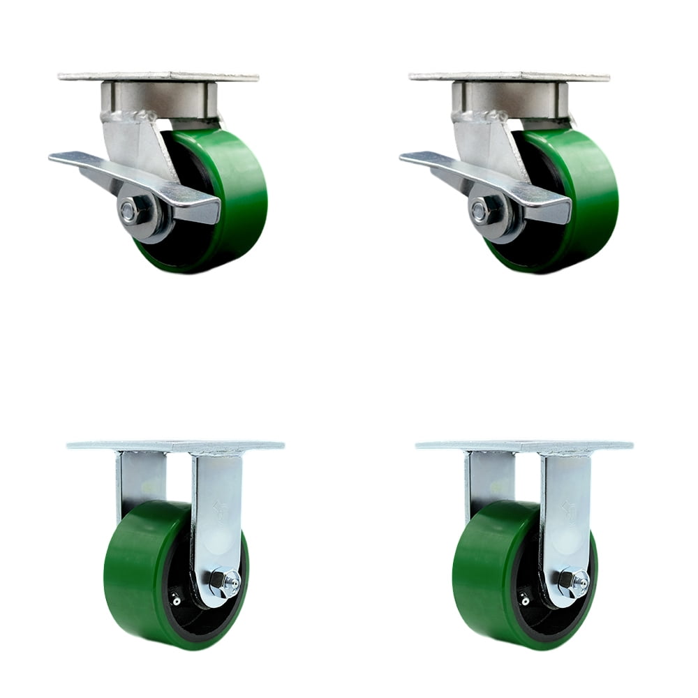 4 Inch Kingpinless Green Poly on Steel Wheel Caster Set 2 Brakes 2 ...