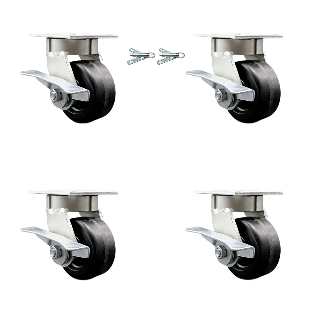 4 Inch Kingpinless Phenolic Wheel Caster Set 4 Brakes 2 Swivel Locks ...