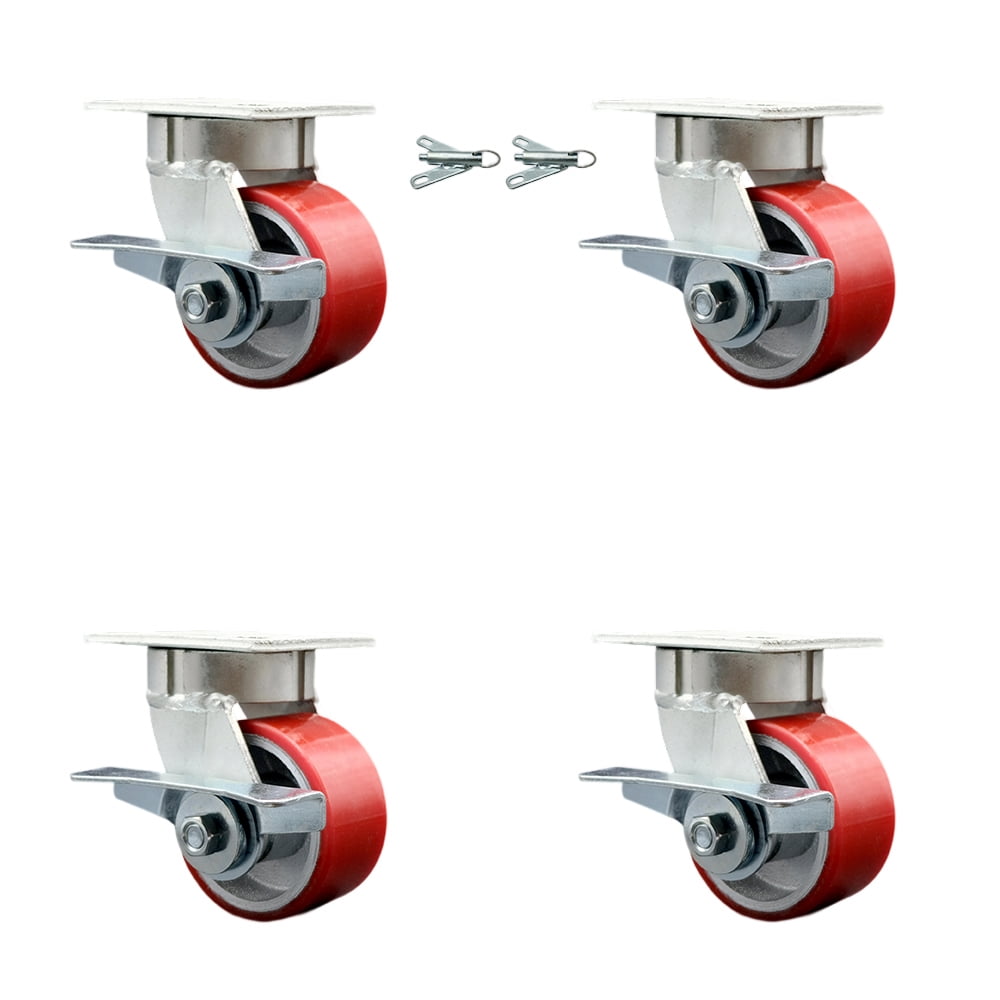 4 Inch Kingpinless Red Poly on Steel Wheel Caster Set 4 Brakes 2 Swivel ...