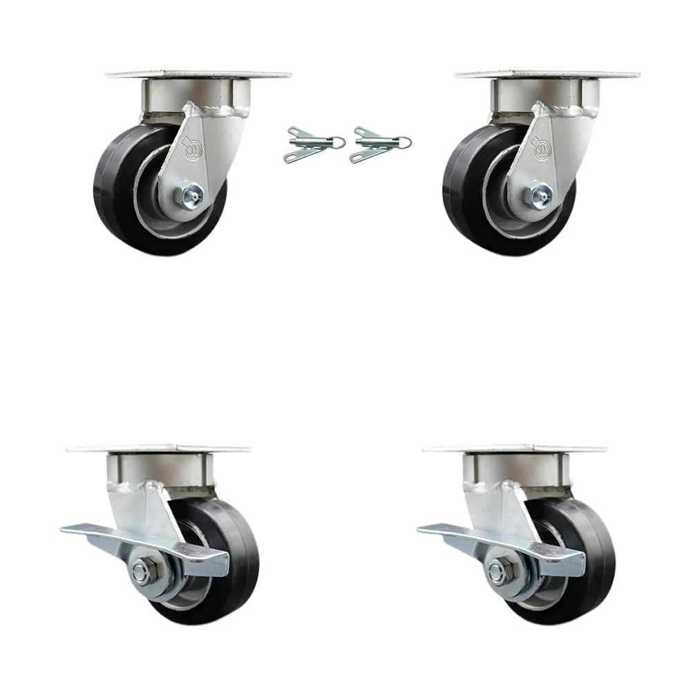 4 Inch Kingpinless Rubber on Aluminum Wheel Caster Set 2 Swivel Locks 2 ...