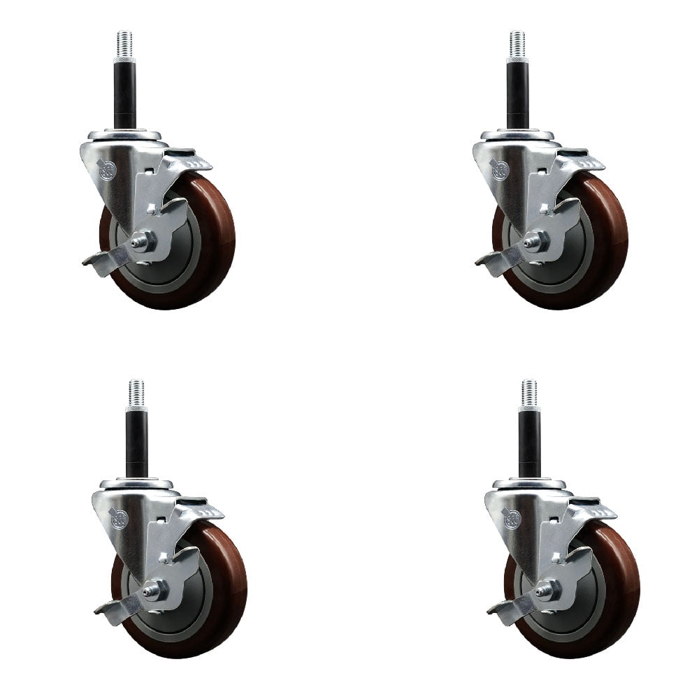 4 Inch Maroon Poly Swivel 3/4 Inch Expanding Stem Caster Set with Brake ...