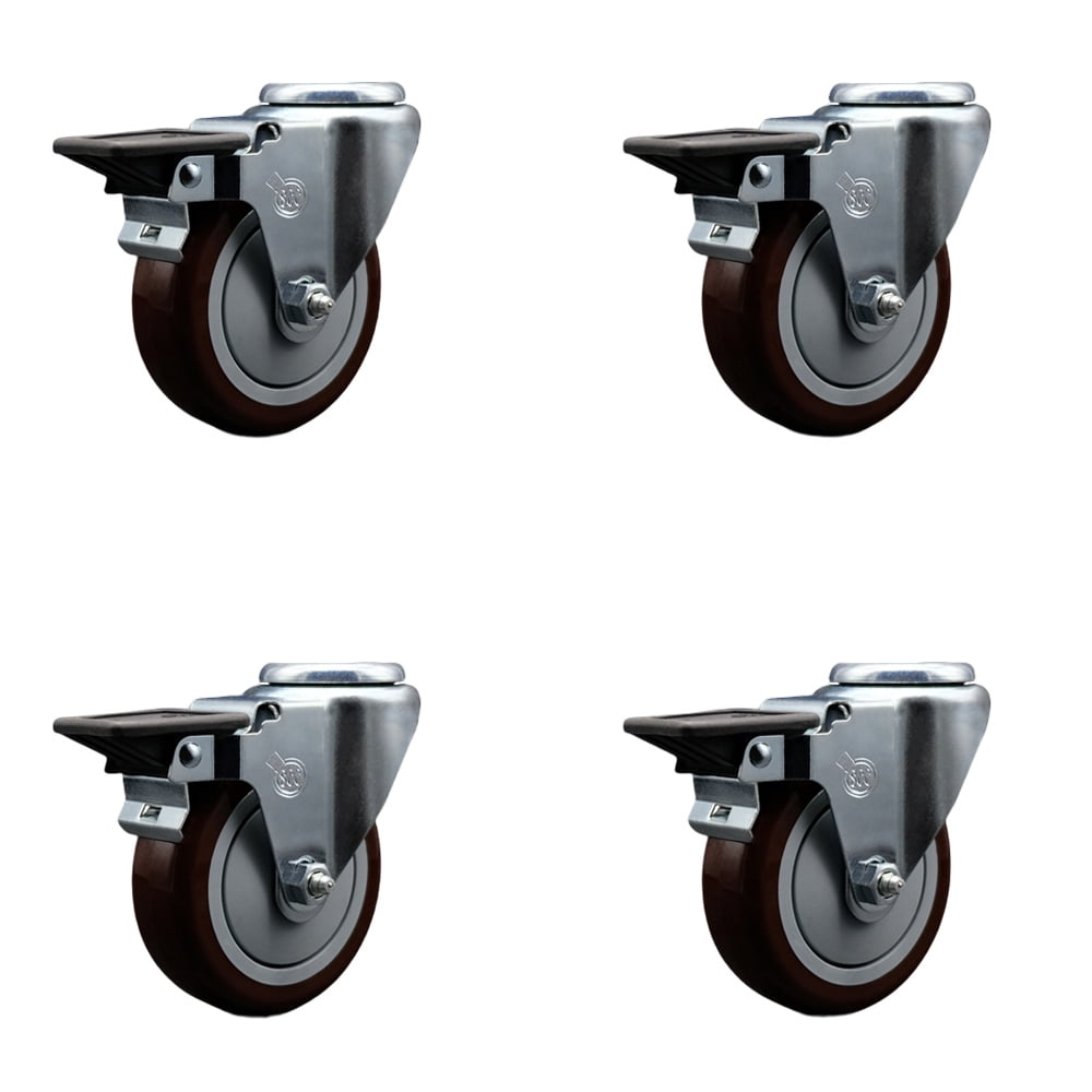 4 Inch Maroon Poly Wheel Swivel Bolt Hole Caster Set with Posi Lock ...