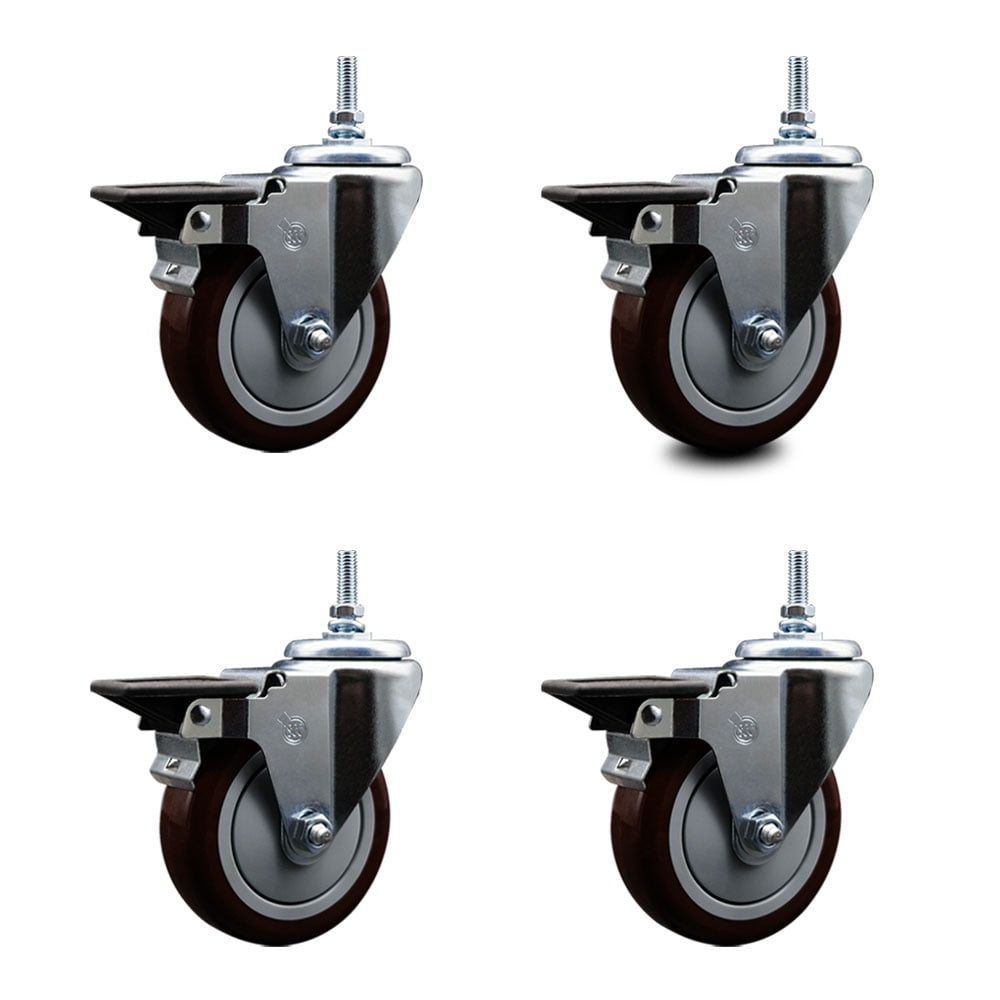 4 Inch Maroon Polyurethane 12MM Threaded Stem Caster Set with Brake ...