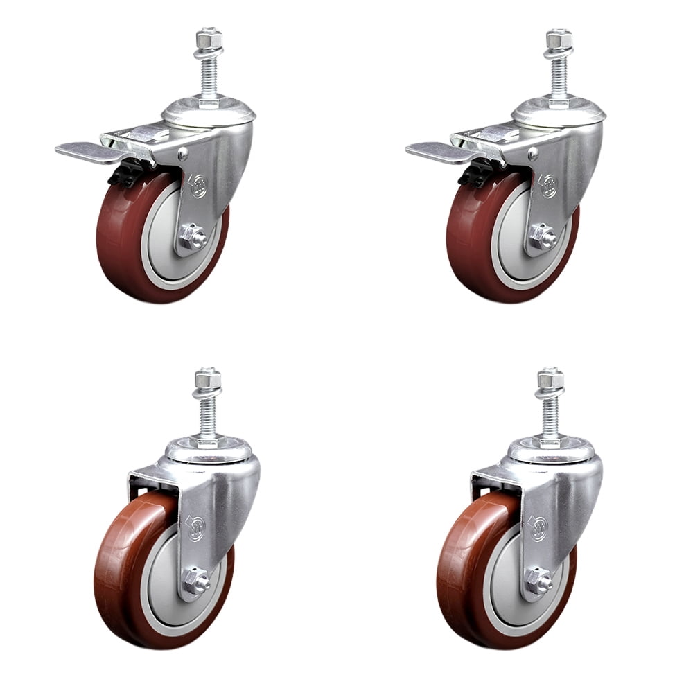 4 Inch Maroon Polyurethane Swivel 10mm Stem Caster Set 2 Total Lock ...