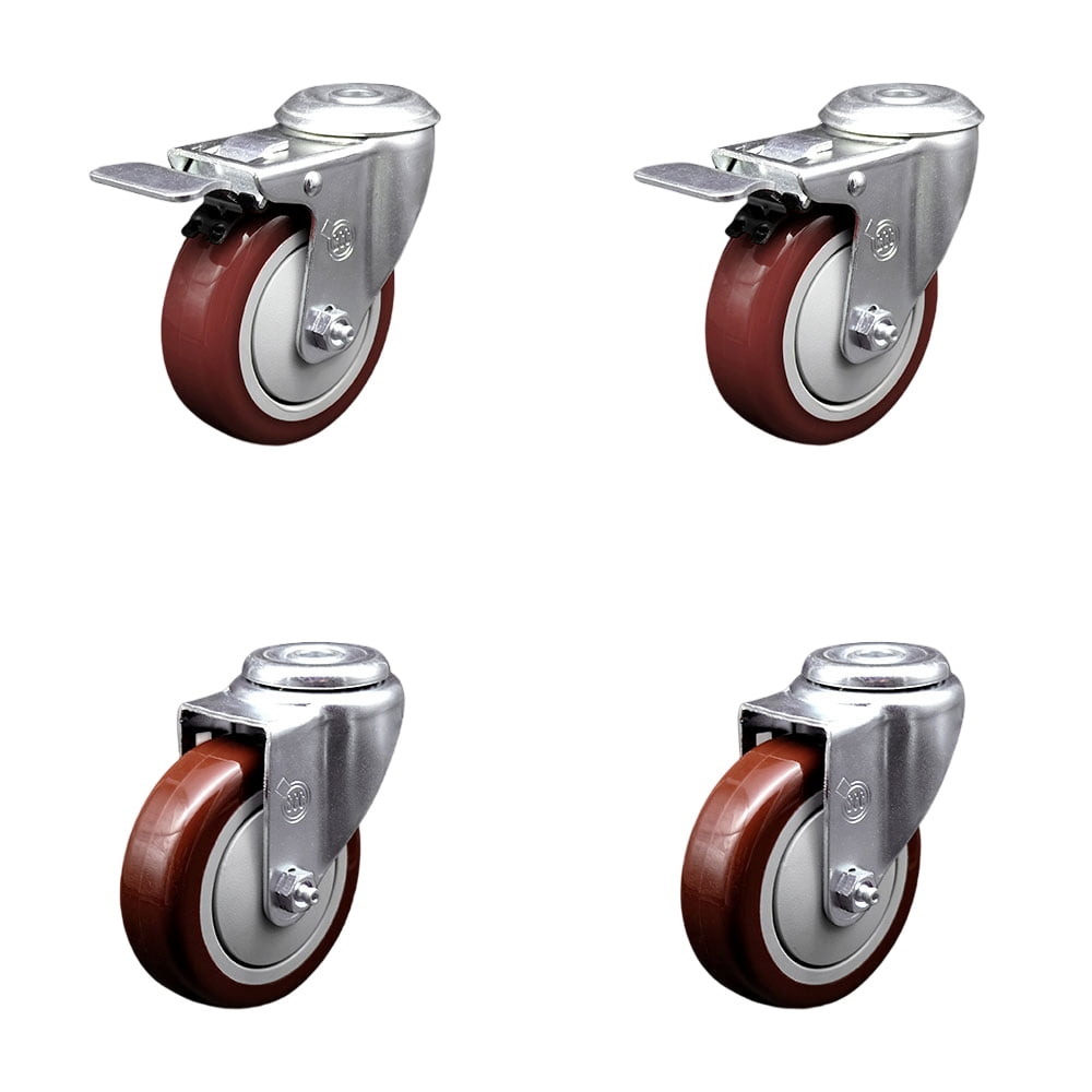 4 Inch Maroon Polyurethane Swivel Bolt Hole Caster Set with 2 Total ...