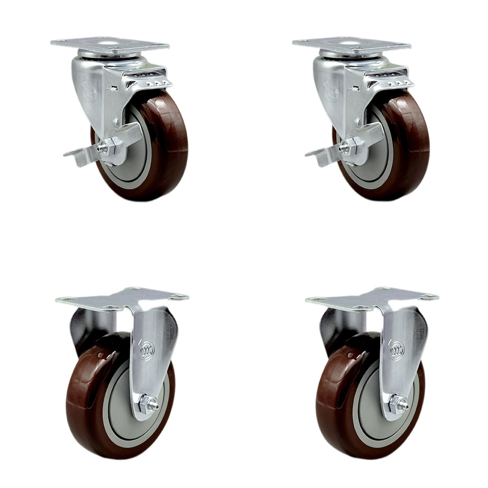 4 Inch Maroon Polyurethane Swivel Top Plate Caster Set with 2 Brakes 2 ...