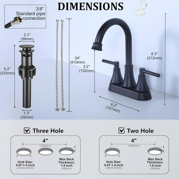 4 Inch Matte Black Bathroom Sink Faucet with Pop-up Drain and 2 Supply ...
