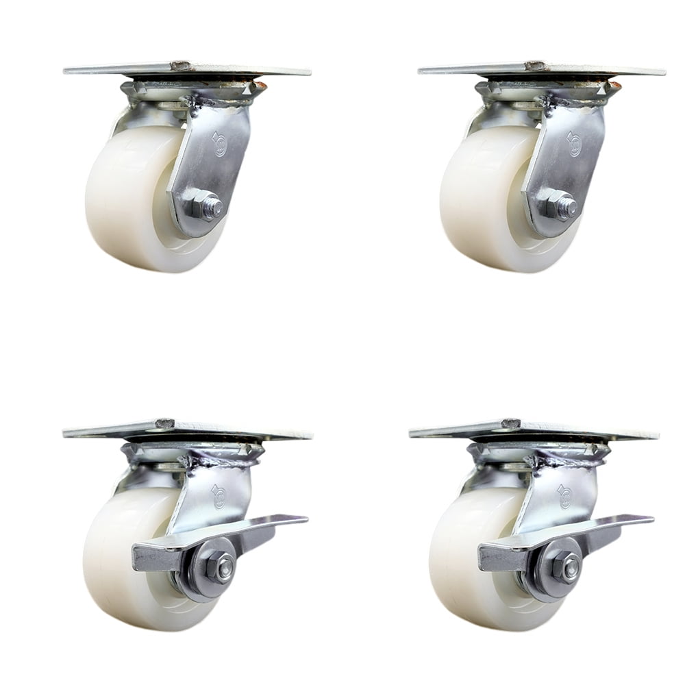 4 Inch Nylon Swivel Caster Set with Ball Bearings 2 Brakes Service ...