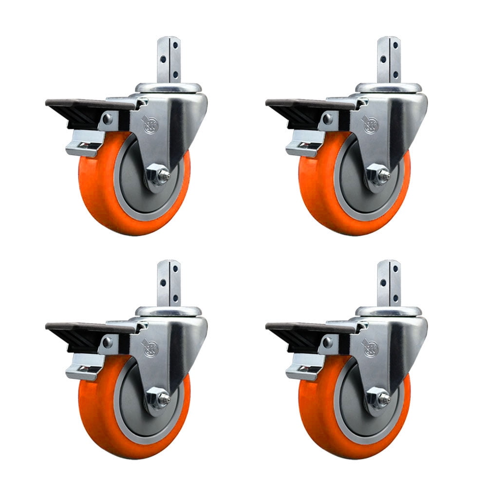 4 Inch Orange Poly Wheel Swivel 7/8 Inch Square Stem Caster Set with ...