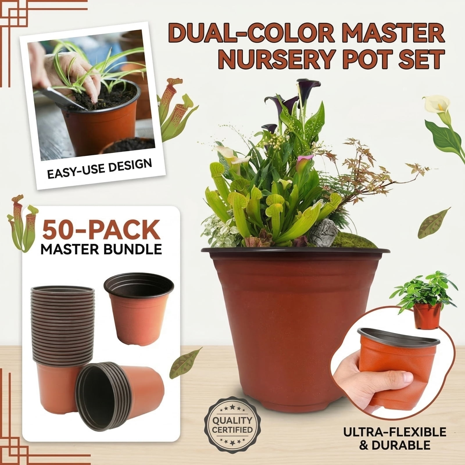 4 Inch Plant Nursery Pots, 50 Pack Seed Starter Pots Plastic Flower ...