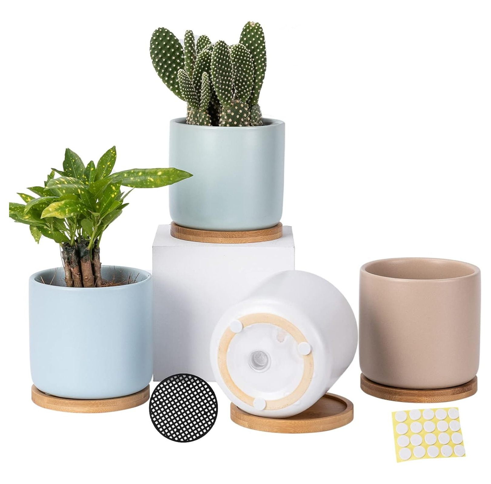 4 Inch Planters with Drainage Hole and Saucer, Small Ceramic Cylinder ...