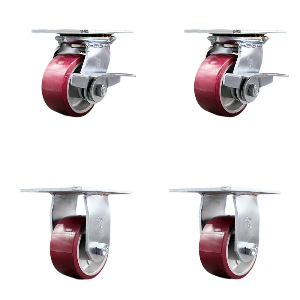 4 Inch Poly on Aluminum Caster Set with Ball Bearing 2 Brakes and 2 ...