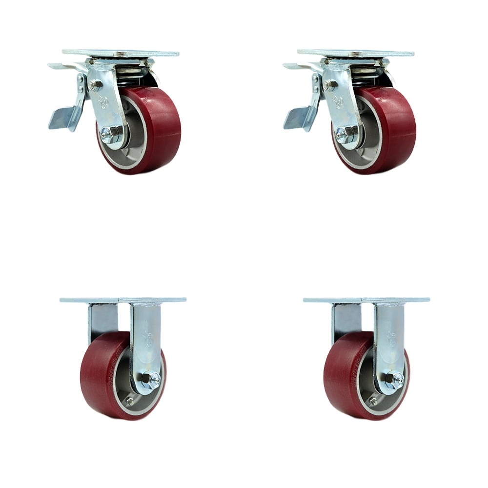4 Inch Poly on Aluminum Caster Set with Ball Bearings 2 Brakes 2 Rigid ...