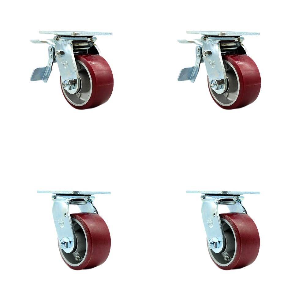 4 Inch Poly on Aluminum Caster Set with Roller Bearing 2 Brake 2 Swivel ...