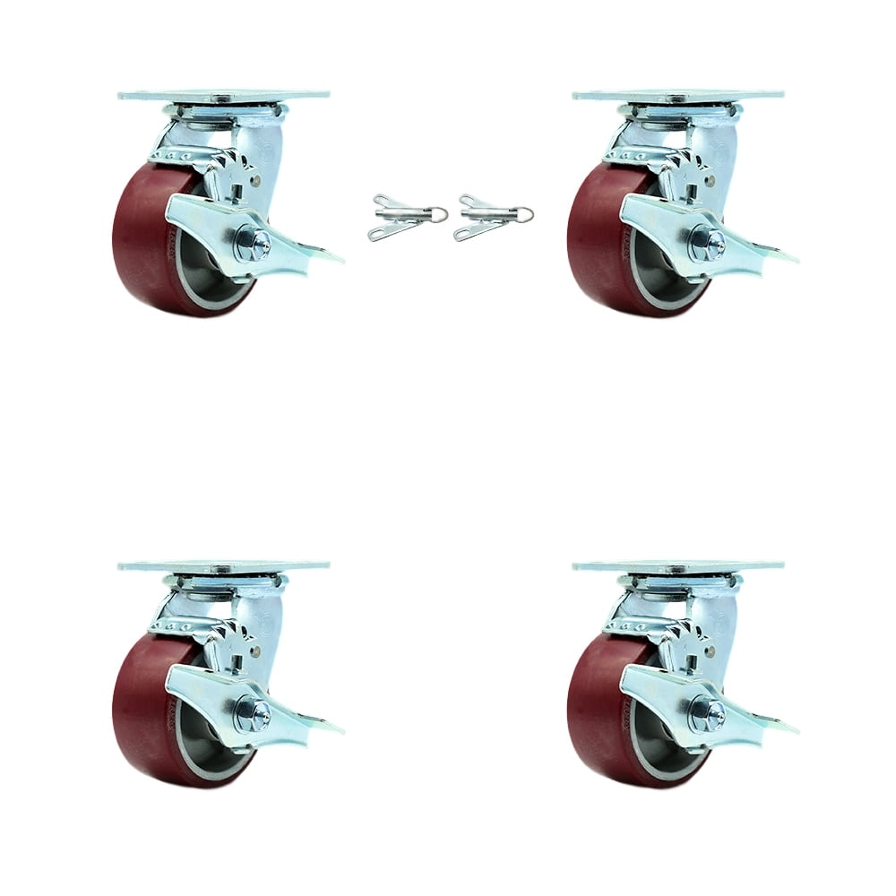 4 Inch Poly on Aluminum Caster Set with Roller Bearing 4 Brake 2 Swivel ...