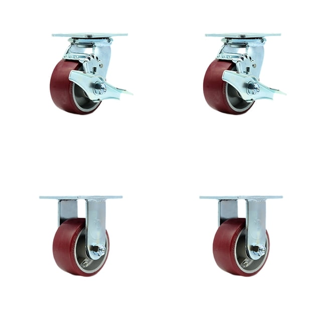 4 Inch Poly on Aluminum Caster Set with Roller Bearings 2 Brakes 2 ...