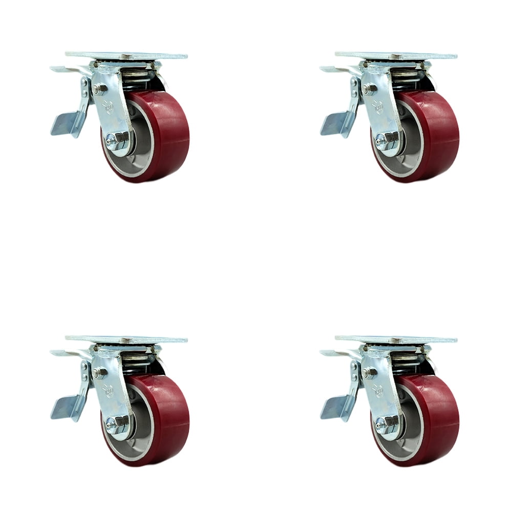 4 Inch Poly on Aluminum Caster Set with Roller Bearings and Total Lock ...