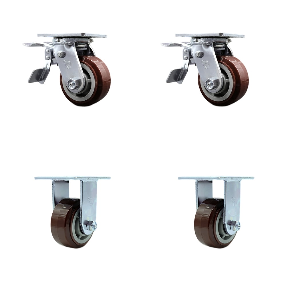 4 Inch Polyurethane Caster Set with Roller Bearing 2 Brakes 2 Rigid SCC ...