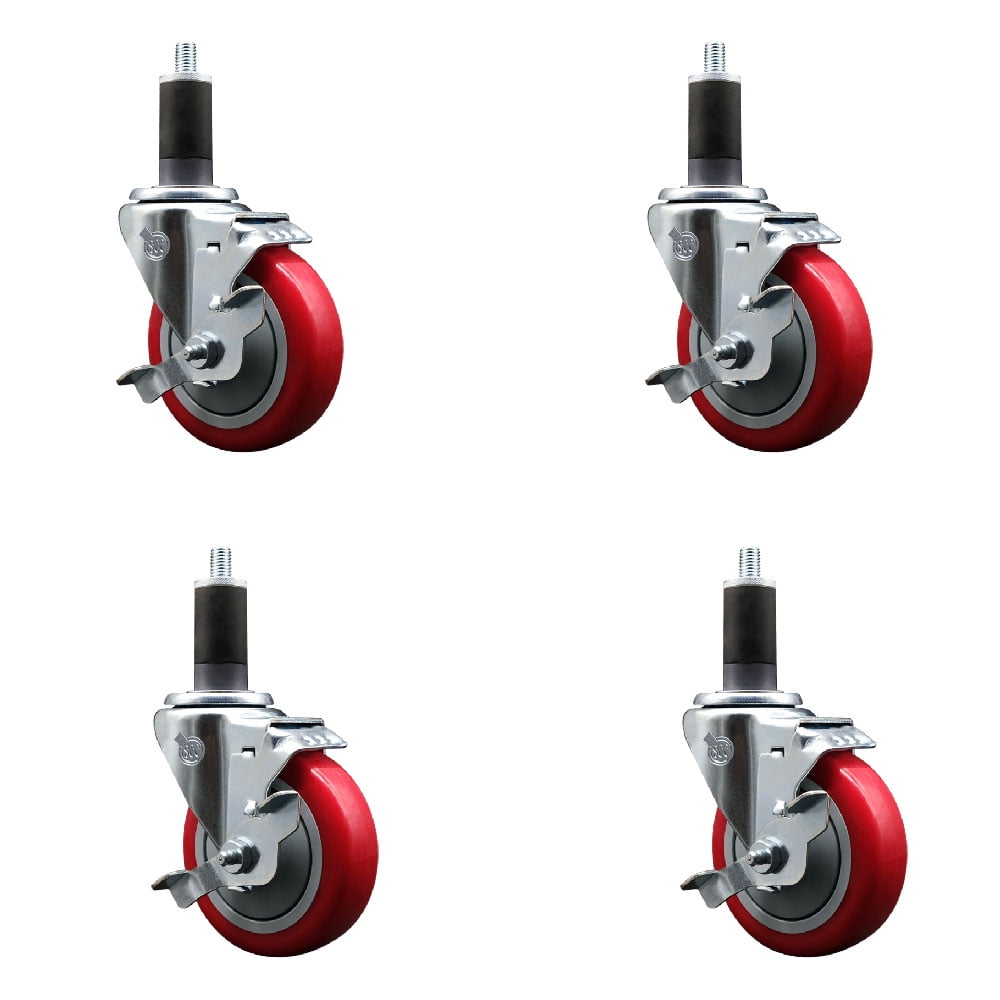 4 Inch Red Poly Swivel 1-1/4 Inch Expanding Stem Caster Set with Brake ...
