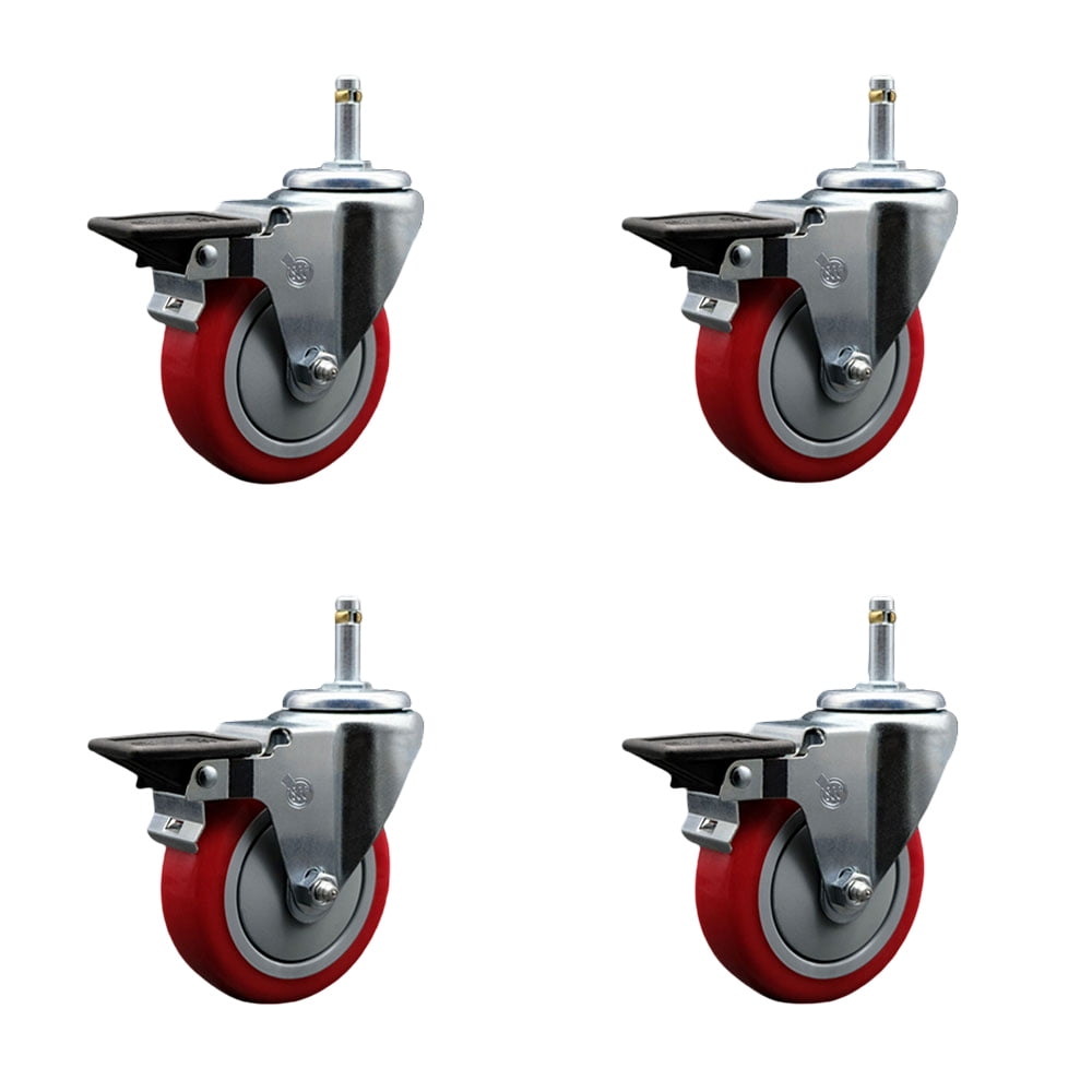 4 Inch Red Poly Swivel 7/16 Inch Grip Ring Stem Caster Set with Brake ...