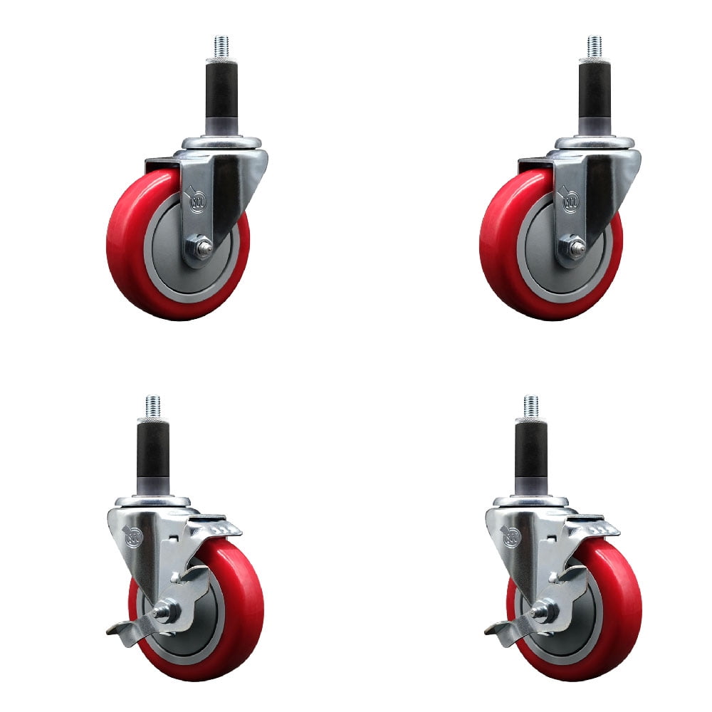 4 Inch Red Poly Wheel Swivel 1-1/8 Inch Expanding Stem Caster Set 2 ...