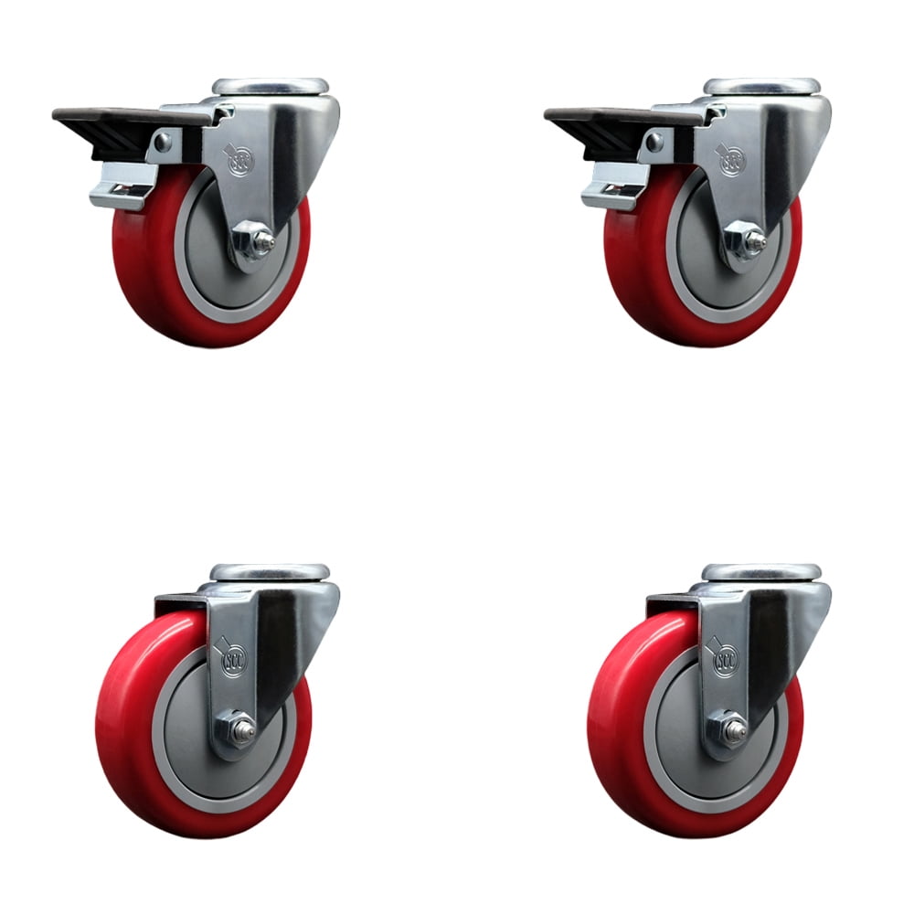 4 Inch Red Poly Wheel Swivel Bolt Hole Caster Set with 2 Posi Lock ...