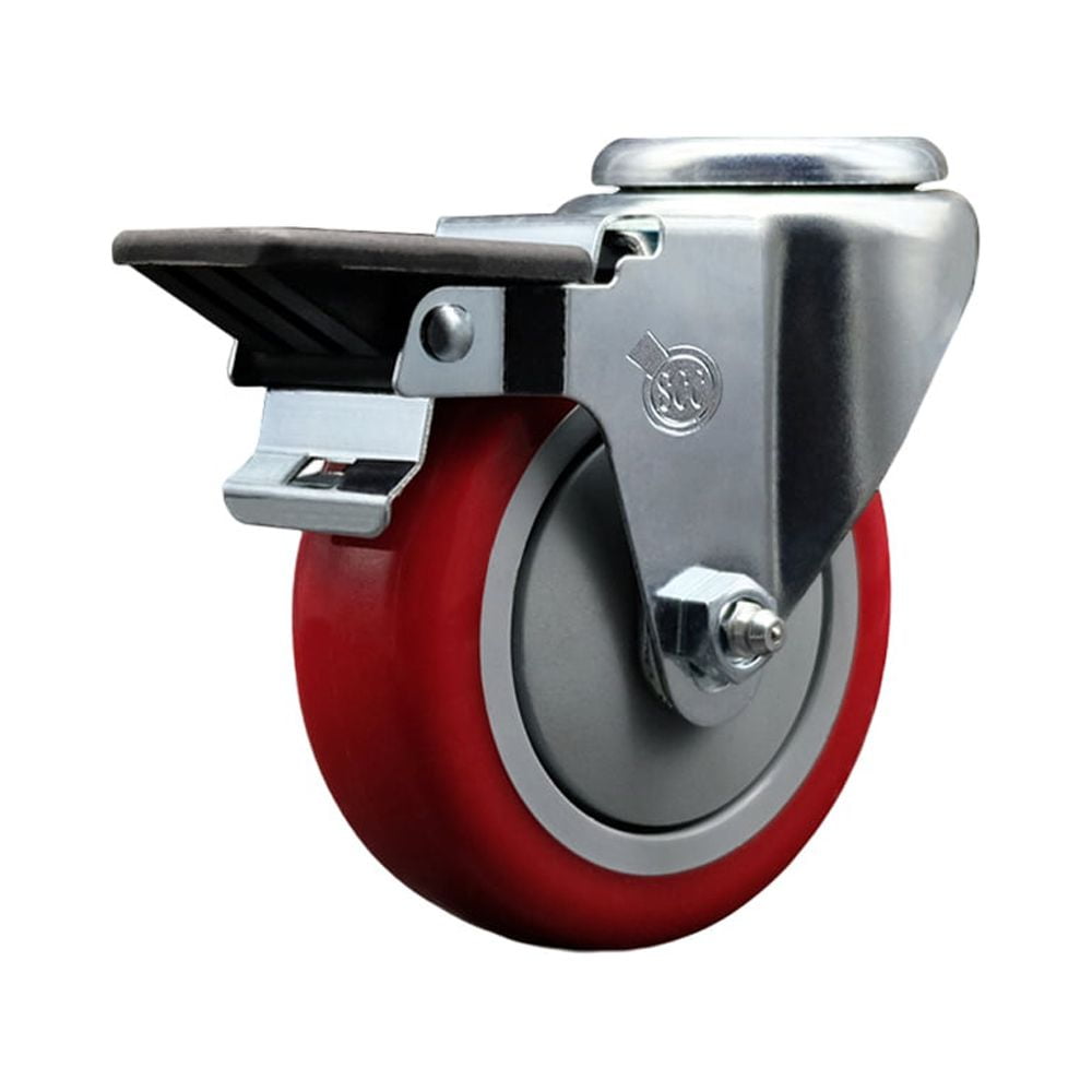4 Inch Red Poly Wheel Swivel Bolt Hole Caster with Posi Lock Brake SCC ...