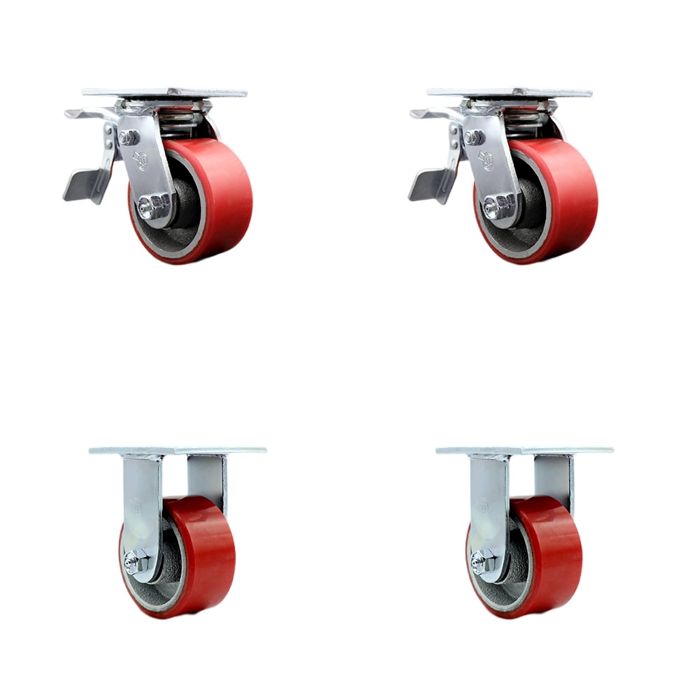 4 Inch Red Poly on Cast Iron Caster Set with Ball Bearings 2 Brakes 2 ...