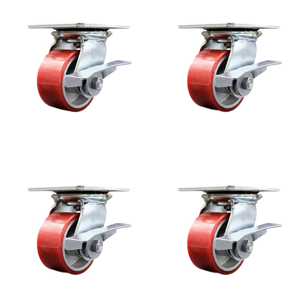 4 Inch Red Poly on Cast Iron Caster Set with Roller Bearing and Brake ...