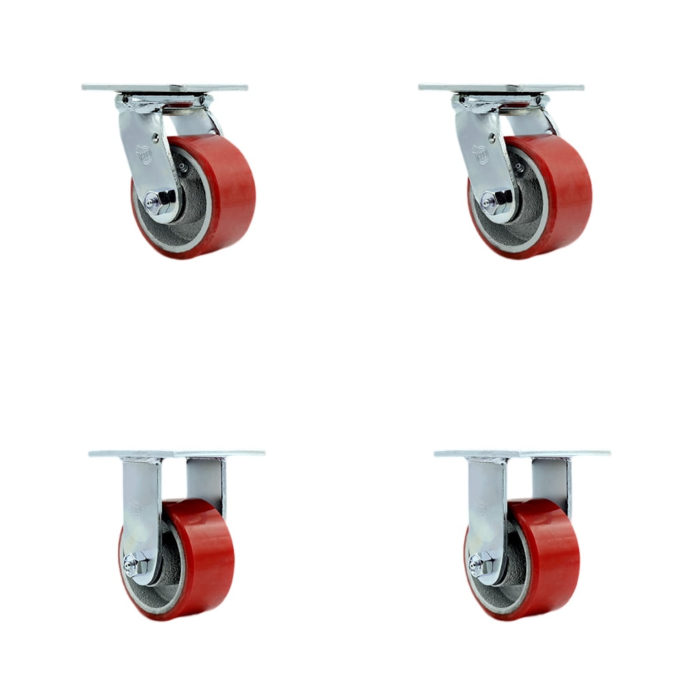 4 Inch Red Poly on Cast Iron Caster Set with Roller Bearings 2 Swivel 2 ...