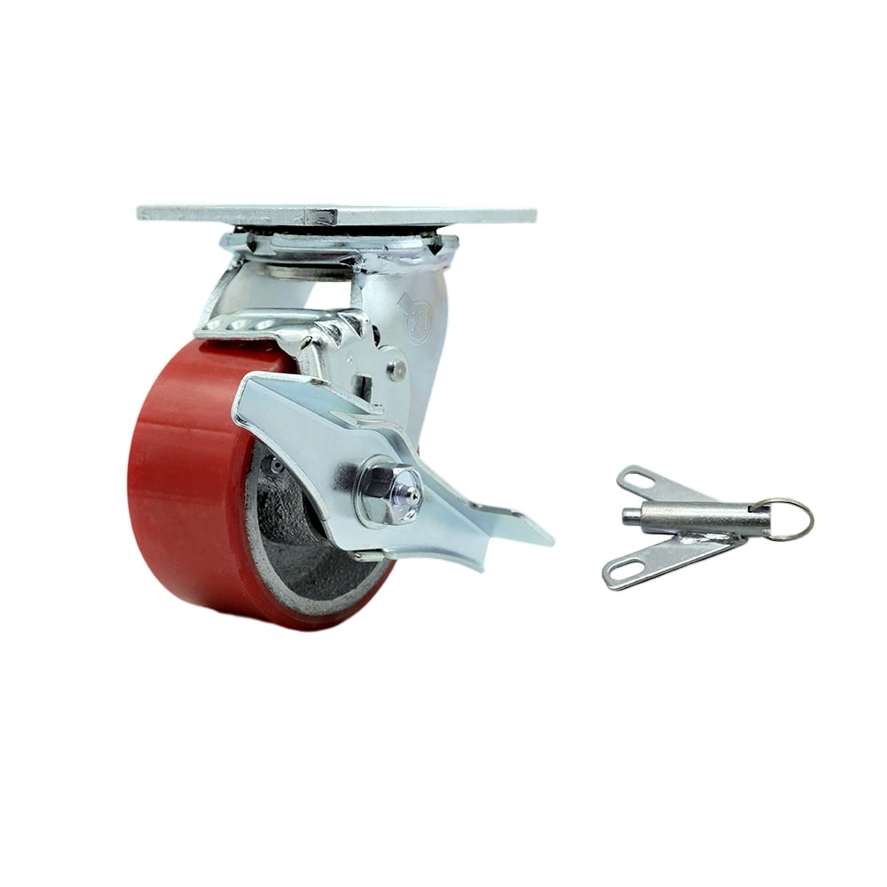 4 Inch Red Poly on Cast Iron Caster with Ball Bearing and Brake/Swivel ...