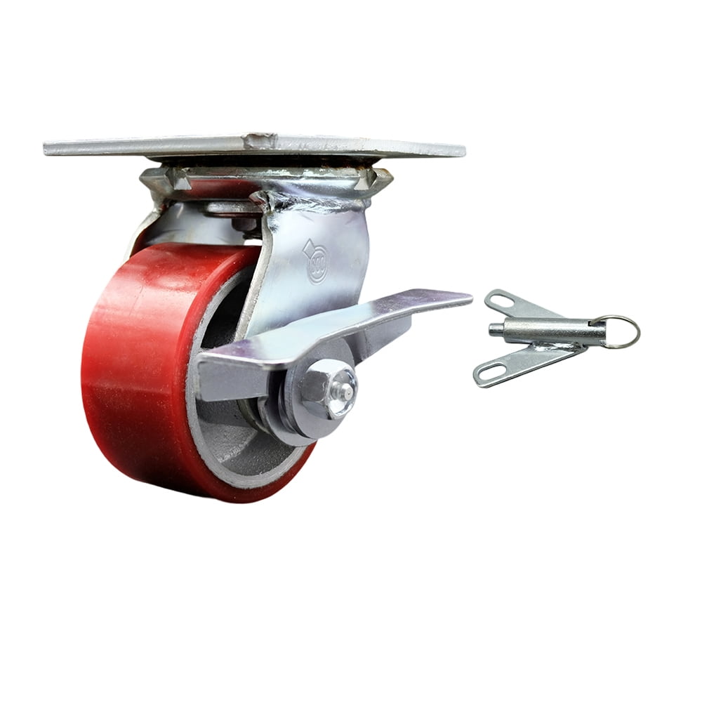 4 Inch Red Poly on Cast Iron Caster with Roller Bearing and Brake ...