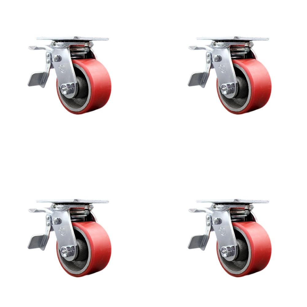 4 Inch Red Poly on Steel Caster Set with Roller Bearing and Total Lock ...