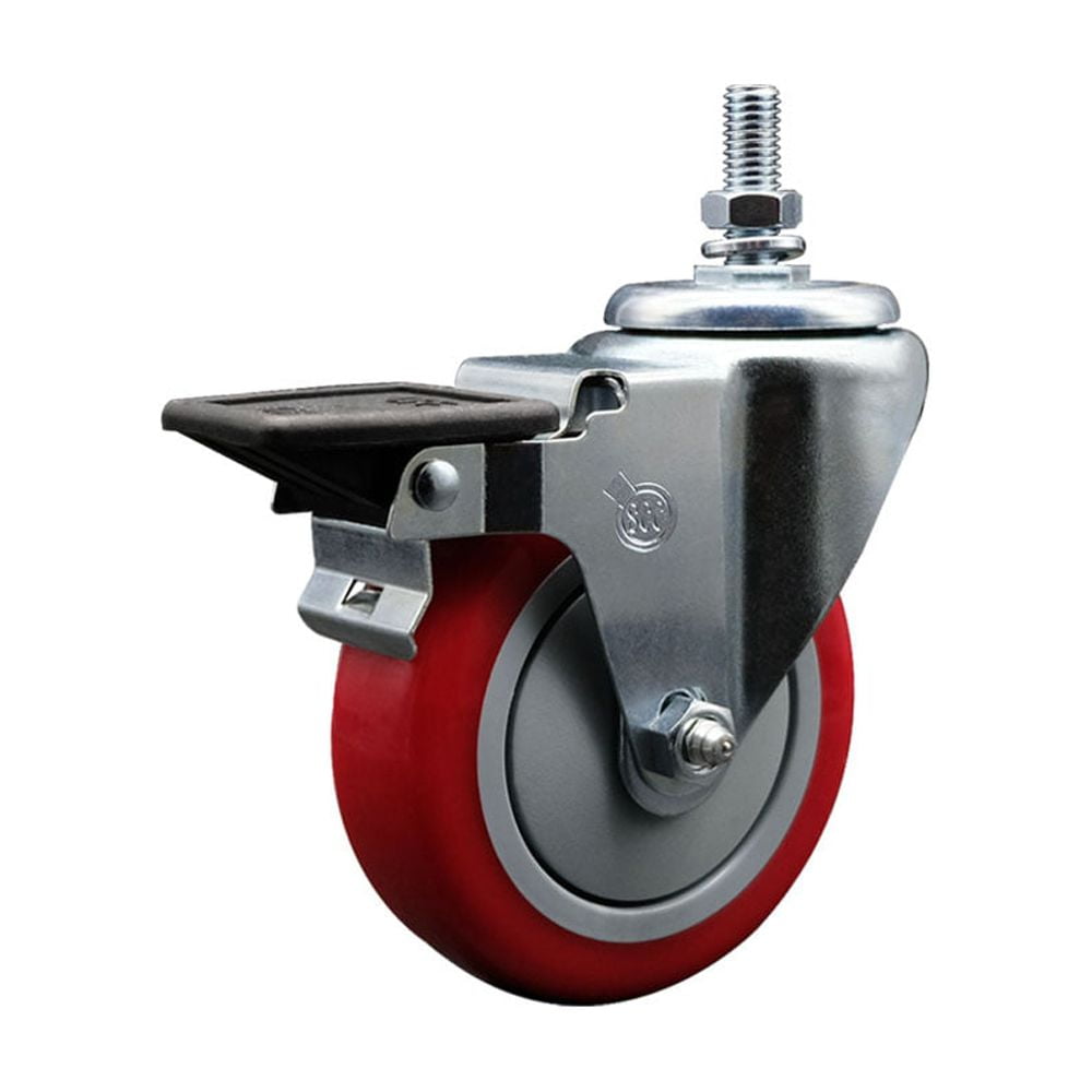 4 Inch Red Polyurethane 10MM Threaded Stem Caster with Brake - Walmart.com