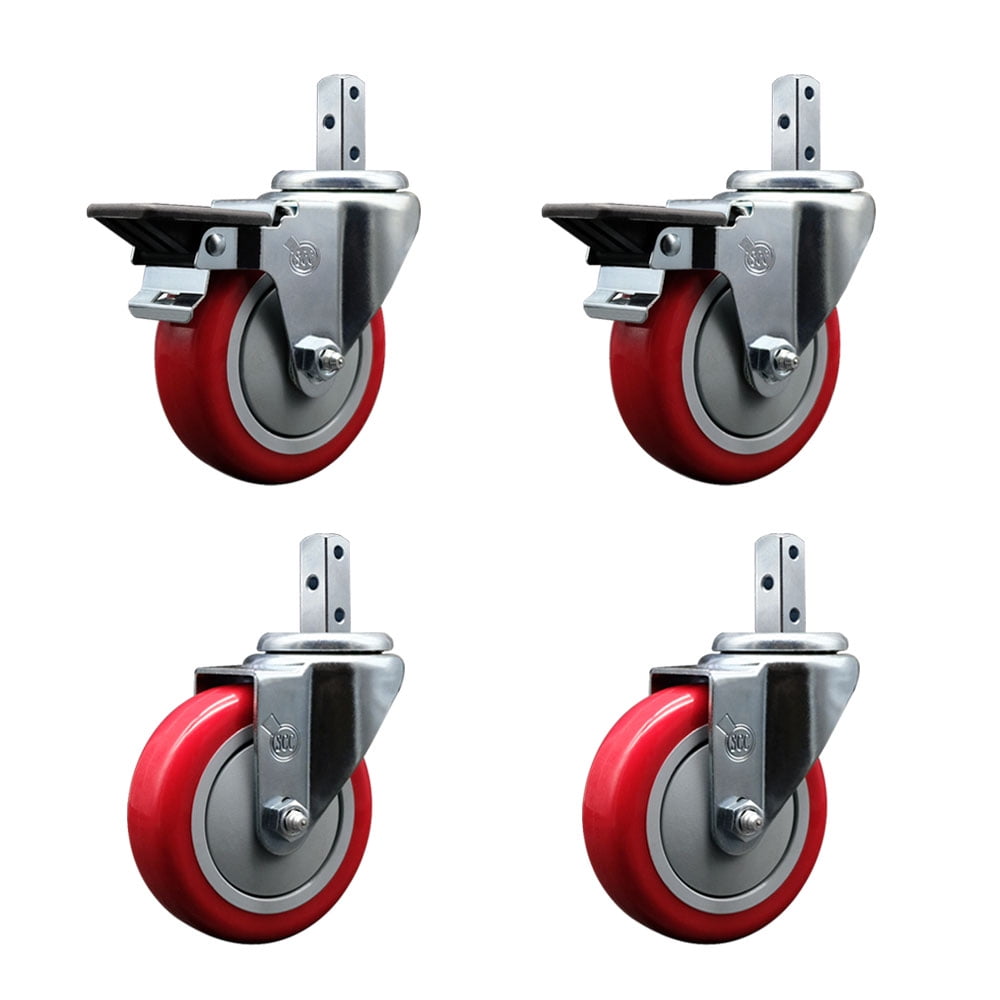 4 Inch Red Polyurethane Wheel Swivel 3/4 Inch Square Stem Caster Set 2 ...