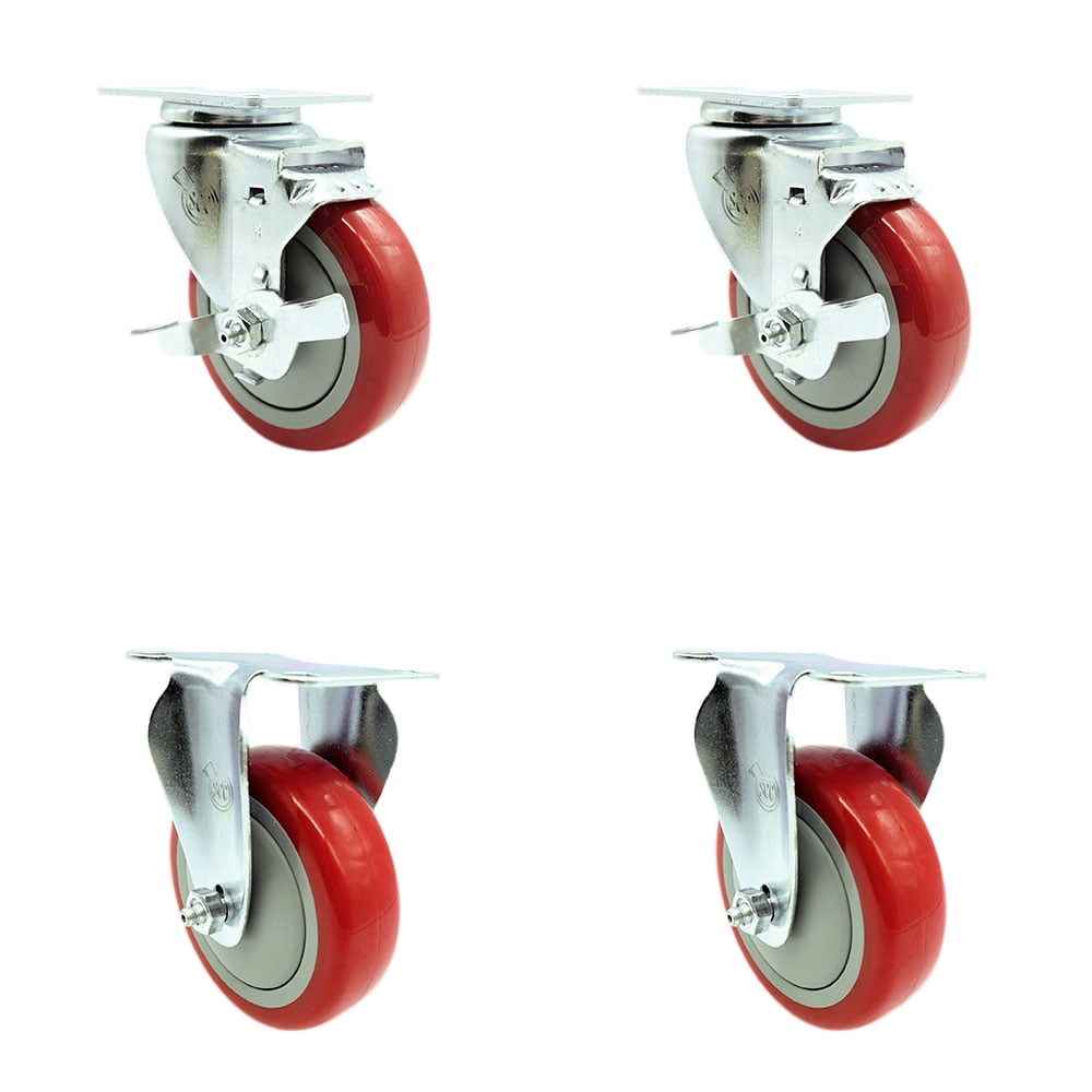 4 Inch Red Polyurethane Wheel Swivel Top Plate Caster Set with 2 Brake ...