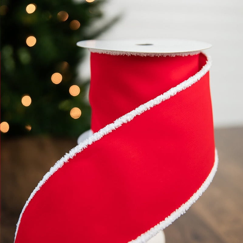 4 Inch Red Velvet Wired Ribbon with White Snowy Edge for Gift Wrapping ...