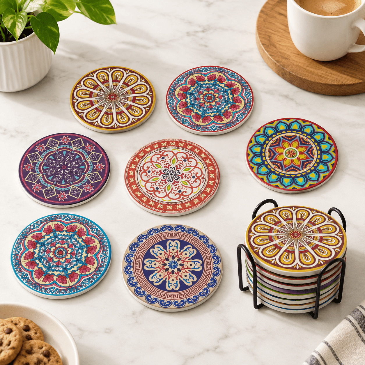 4 Inch Round Absorbent Sandstone Drink Coaster Set of 8 with Holder ...
