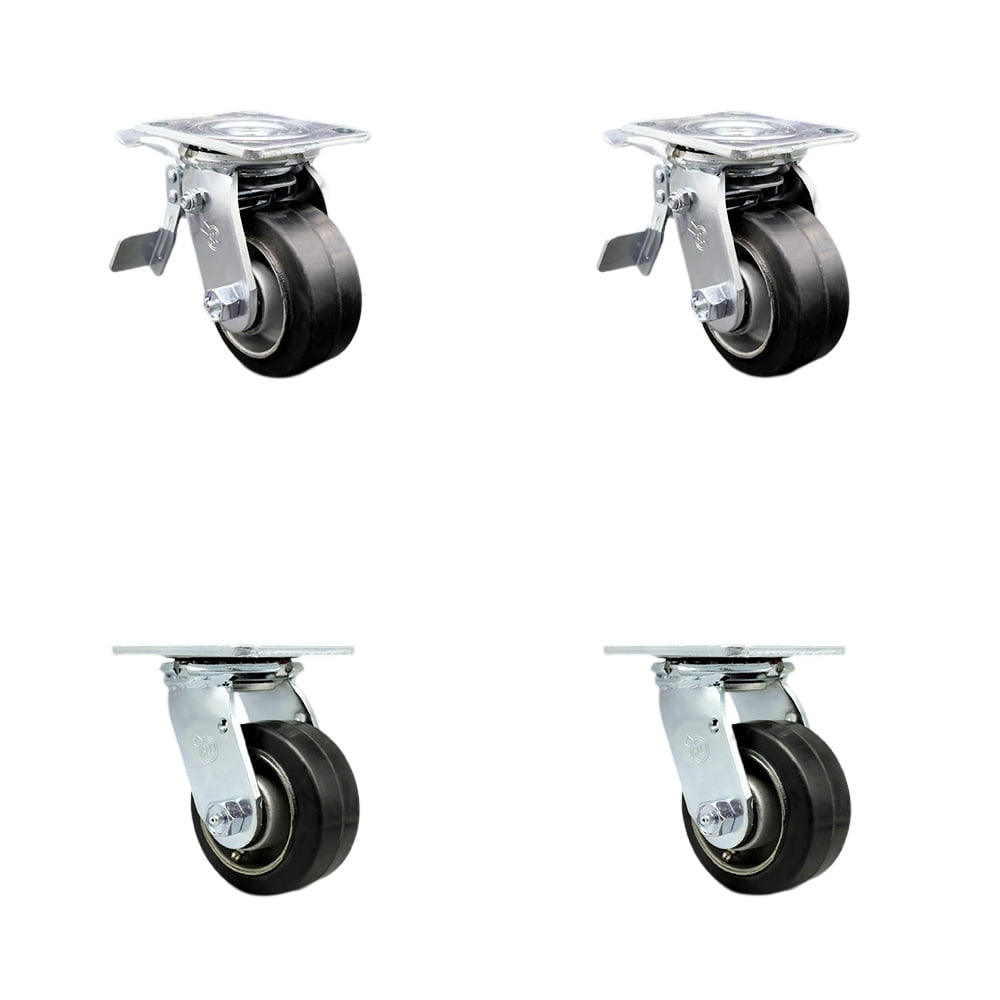 4 Inch Rubber on Aluminum Caster Set with Ball Bearing 2 Total Lock ...