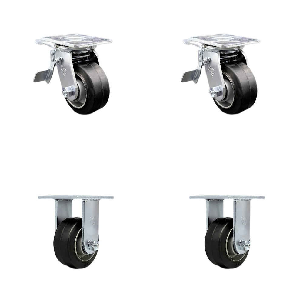 4 Inch Rubber on Aluminum Caster Set with Ball Bearings 2 Brakes 2 ...