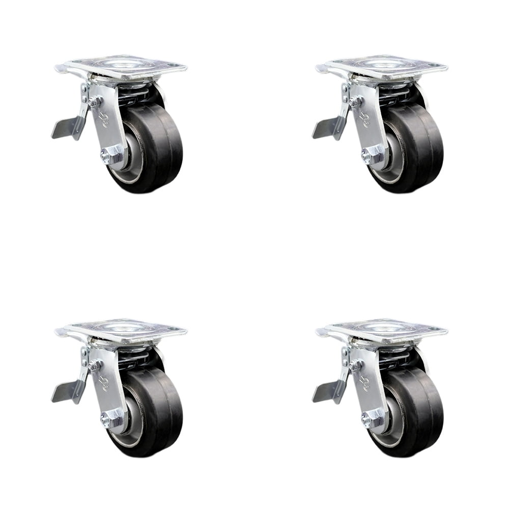 4 Inch Rubber on Aluminum Caster Set with Roller Bearing and Total Lock ...