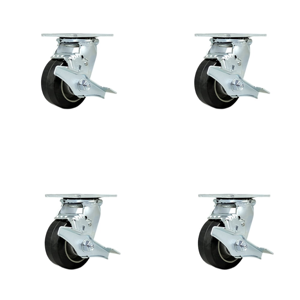 4 Inch Rubber on Aluminum Caster Set with Roller Bearings and Brake ...