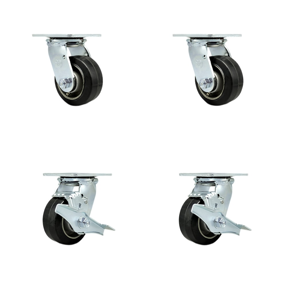 4 Inch Rubber on Aluminum Swivel Caster Set with Roller Bearing 2 Brake ...
