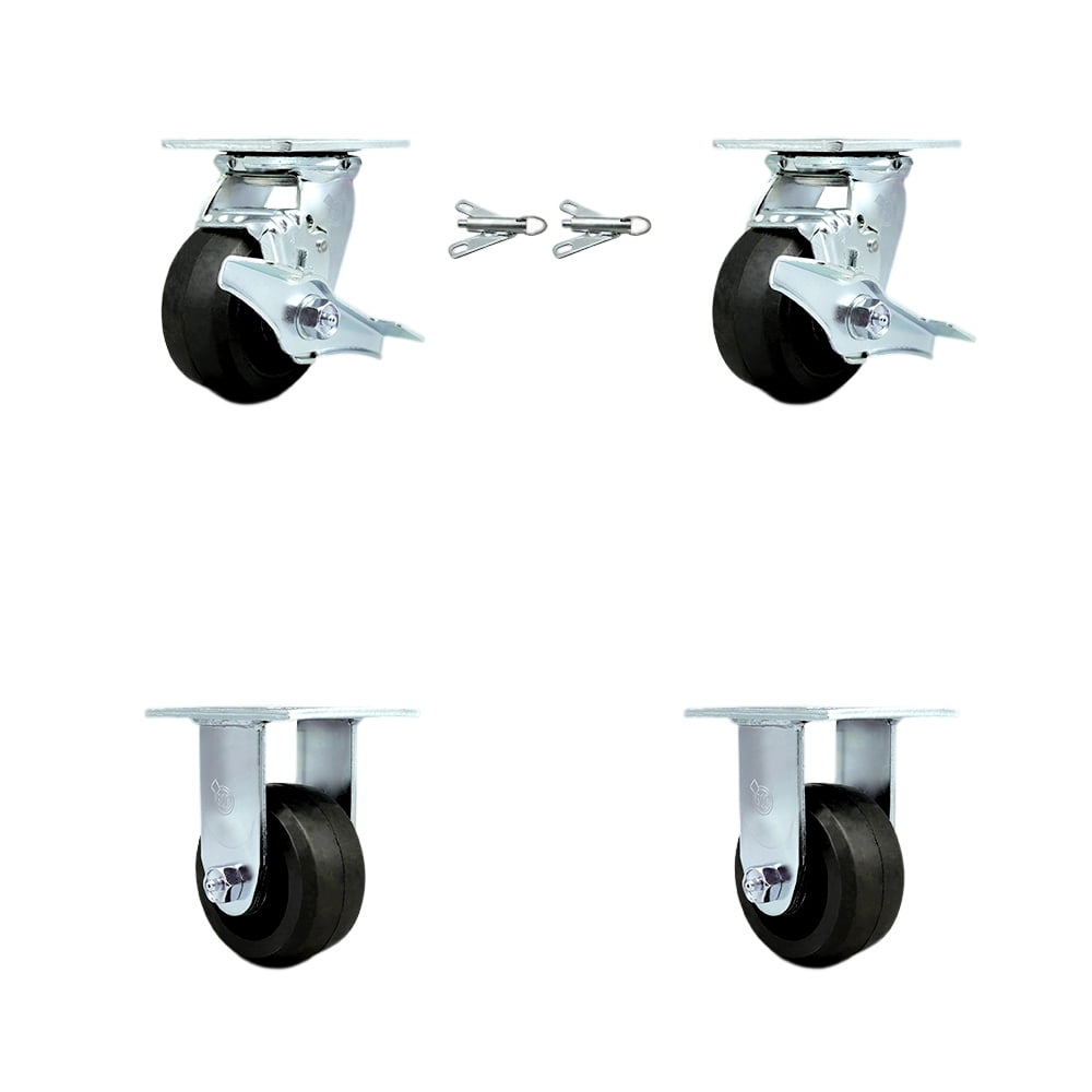 4 Inch Rubber on Steel Caster Set with 2 Brakes/Swivel Lock 2 Rigid SCC ...