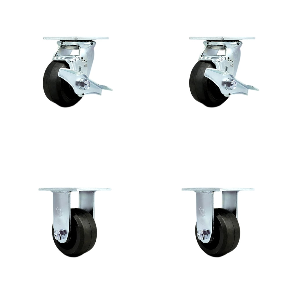4 Inch Rubber on Steel Caster Set with Roller Bearings 2 Brakes 2 Rigid ...
