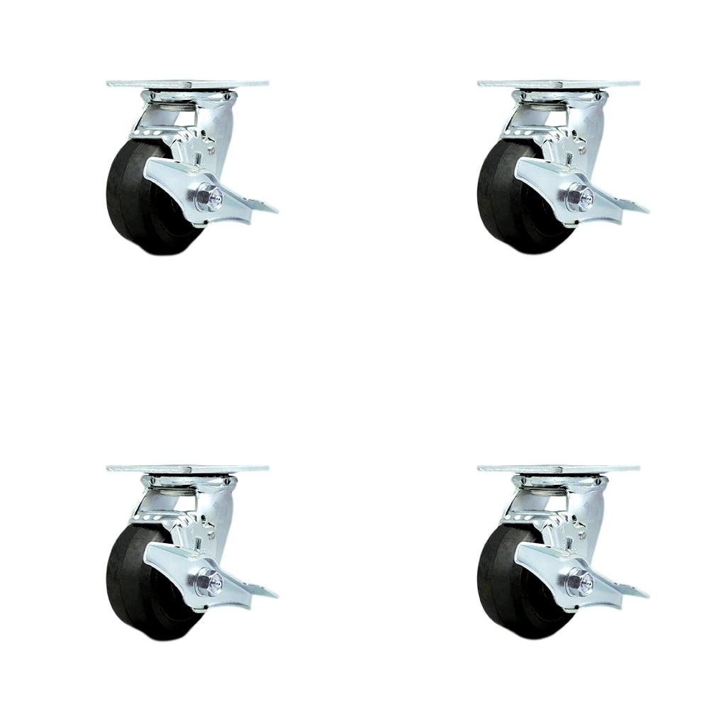 4 Inch Rubber on Steel Swivel Caster Set with Ball Bearings and Brakes ...