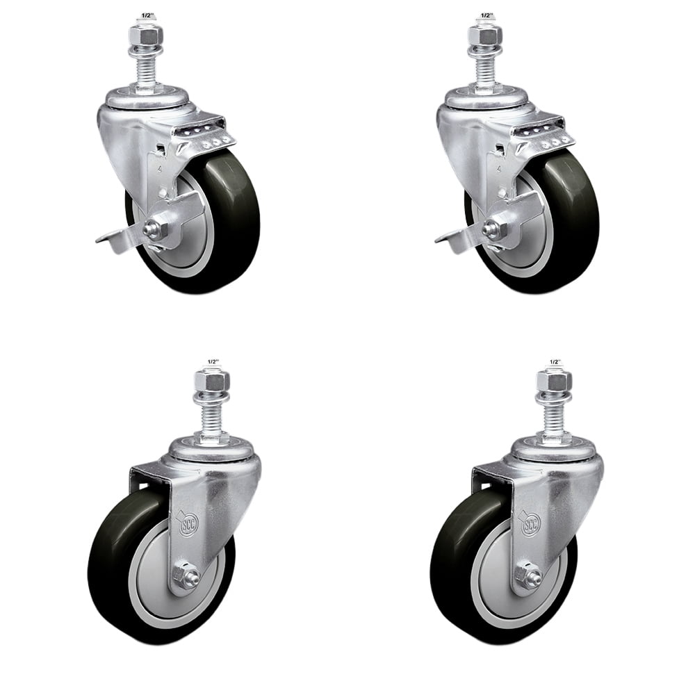 4 Inch SS Black Polyurethane Swivel ½ Inch Threaded Stem Caster Set 2 ...