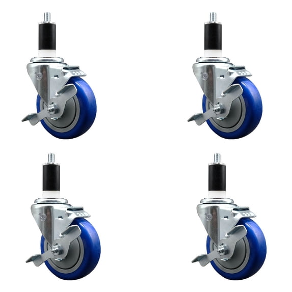 4 Inch SS Blue Poly Swivel 1-3/8 Inch Expanding Stem Caster Set with ...
